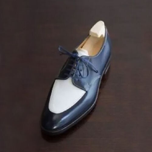 Men Goodyear Welted Two Tone Blue & White Leather Handmade Derby ...