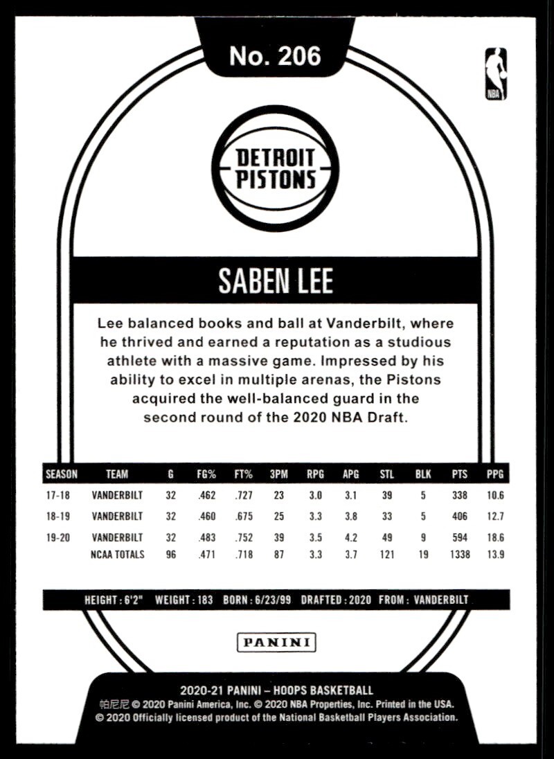 2020-21 Hoops Teal Explosion Saben Lee Rookie G44 Detroit Pistons #206 ...