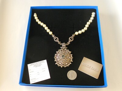 Heidi Daus Locket Necklace Opens Pearl Beads Clear Stones 15 + 5 ...