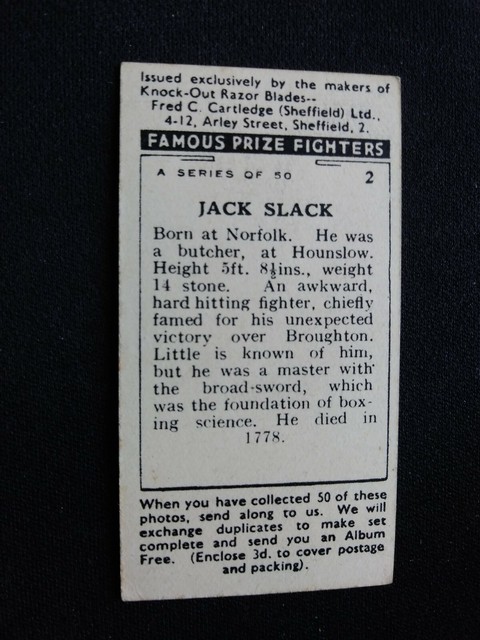1938 Fred C. Cartledge Razors Famous Prize Fighters - #2 Jack Slack for ...