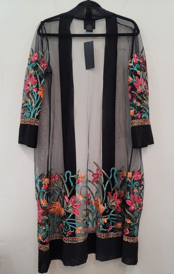 NWT Summer Black Mesh Floral Embroidered Long Beach Duster LongSleeve ...