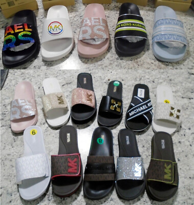 Michael Kors MK Slides Gilmore & Eva Pink Blue Gold Black White MK Pink ...