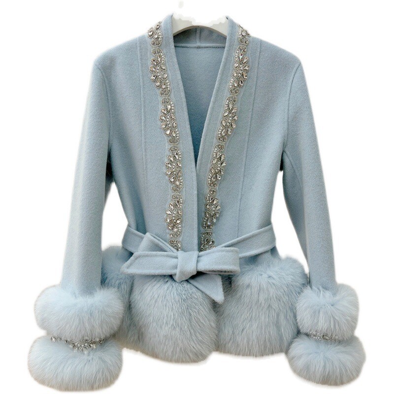 Short Beaded Real Fox Fur Coat Elegant Lady Double-sided Cashmere Lace ...