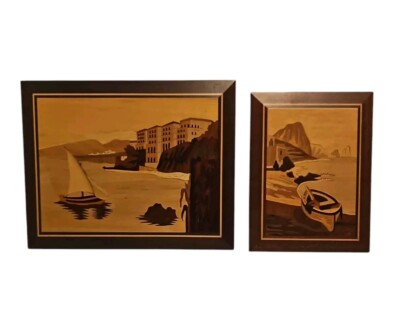 2 Vtg Coastal Seaside Villas Wood Marquetry Inlay Made In Italy Veneer ...