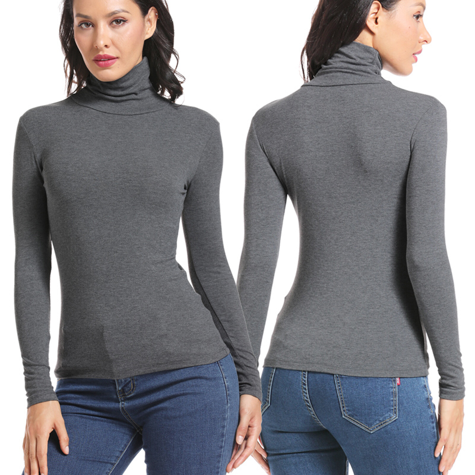 Women's Basic Scrunch Turtleneck Top Stretch Knit Solid Long Sleeve ...