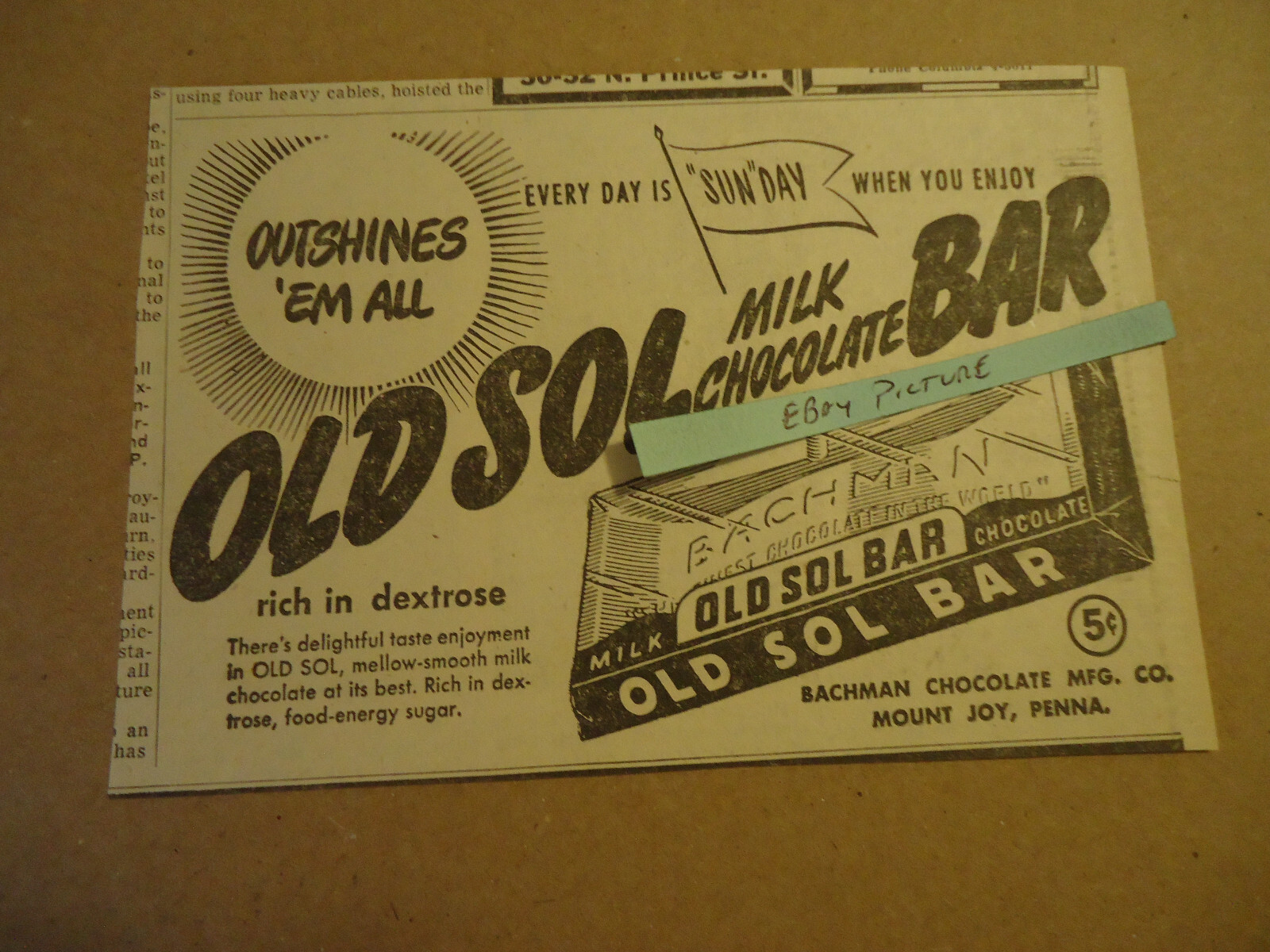 Old Sol Bar Bachman Chocolate Co Mount Joy PA 1950 newsprint ad | eBay