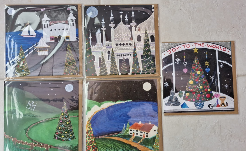 Coastal Windfarm Brighton Seagull Christmas Card Pack of 5 hand painted ...