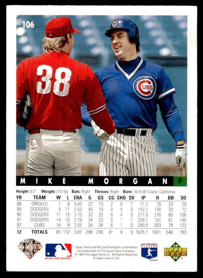 1993 Upper Deck Baseball Card Mike Morgan Chicago Cubs #106 | eBay