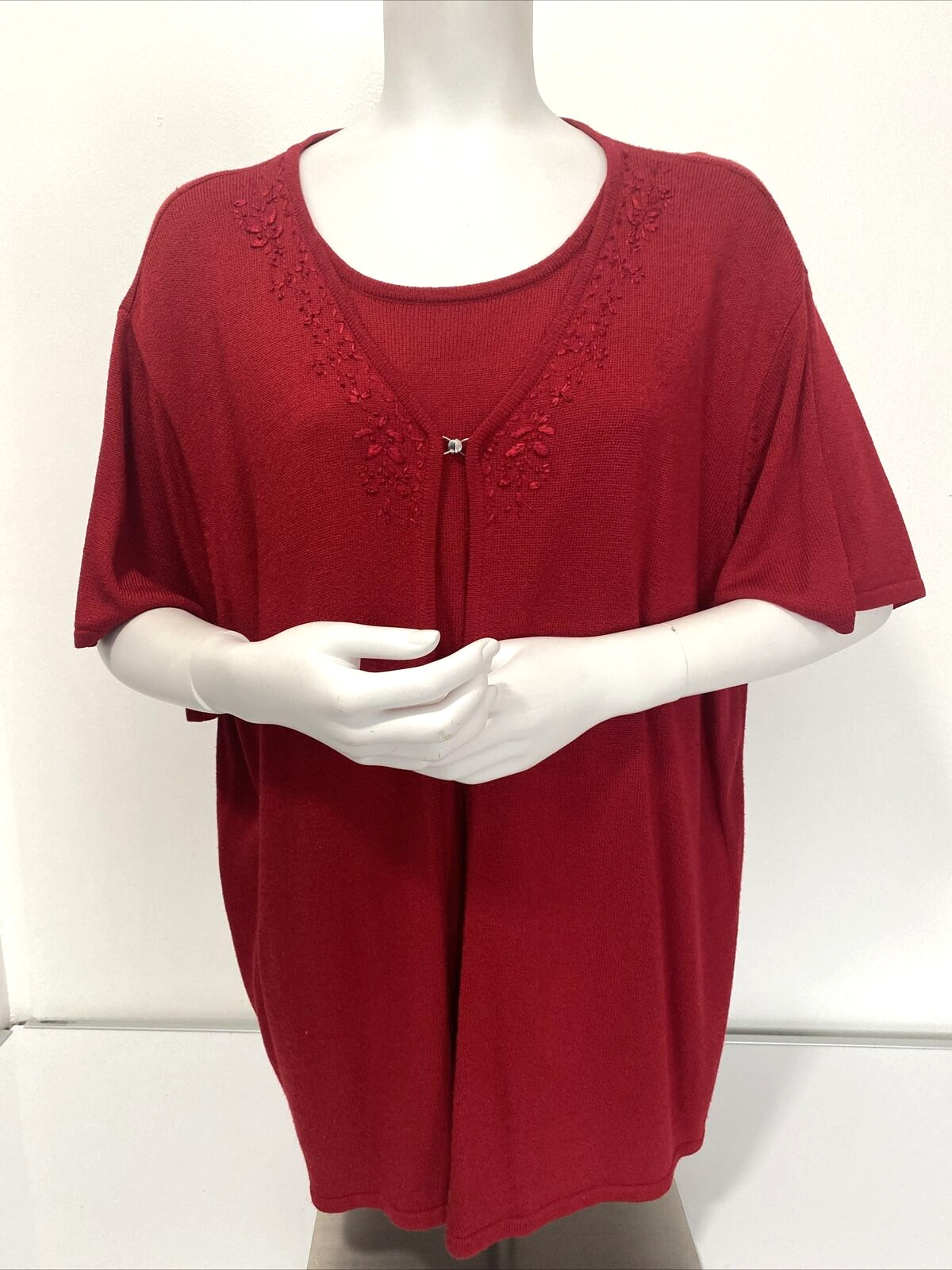 Sag Harbor Woman Red 2Fer Pullover Round Neck Short… - Gem