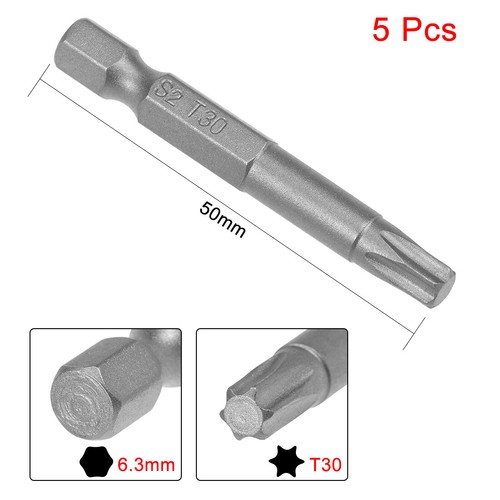 5pcs 50mm Long 1/4" Hex Shank T30 Torx Head Screwdriver Bits S2 High ...