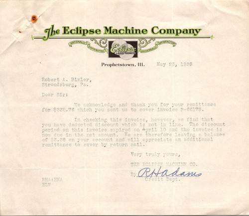 Eclipse Machine Company Prophetstown IL 1939 Letterhead Eclipse Lawn ...