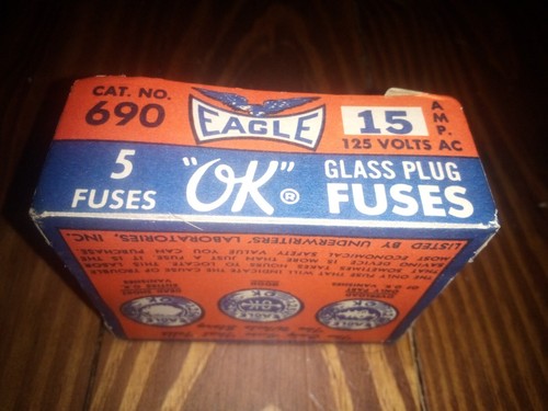 Qty 5 Eagle 125 V 15 Amps NOS Cat No 690 Glass Screw Plug Fuses Vintage ...