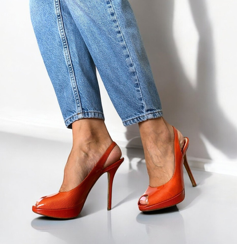 CHRISTIAN DIOR Orange Croc Patent Leather Peep Toe Slingback Pumps ...
