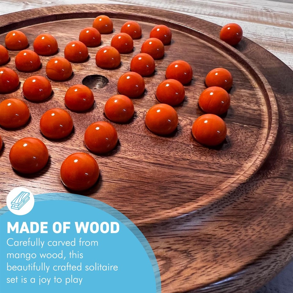 22cm Diameter wooden SOLITAIRE BOARD GAME with OPAL ORANGE GLASS ...