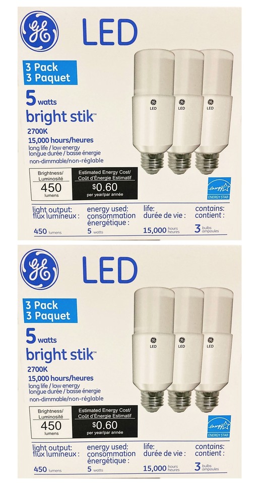 (6 bulbs) GE 66256 - bright stik LED Tubular Light Bulb 5 watt 450 ...