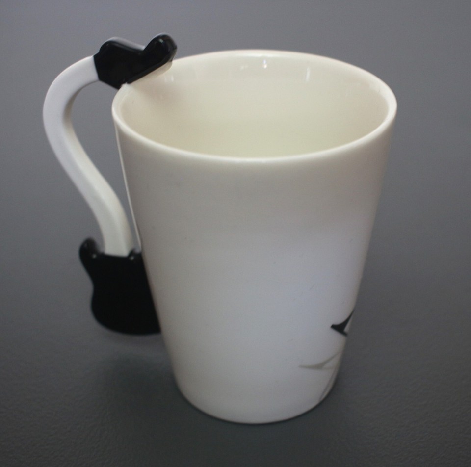 Novelty Coffee Mug Tea Cup Guitar Handle, Black & White music notes Lan ...