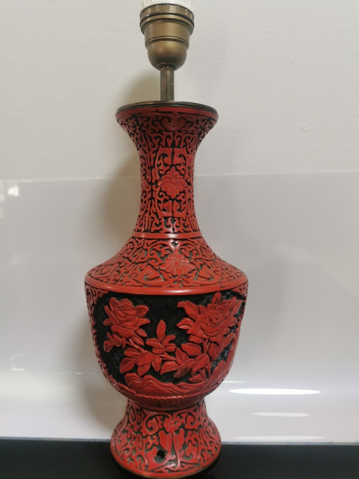 Vintage Chinese Carved Cinnabar Lacquer Black & Red Table Lamp Floral ...