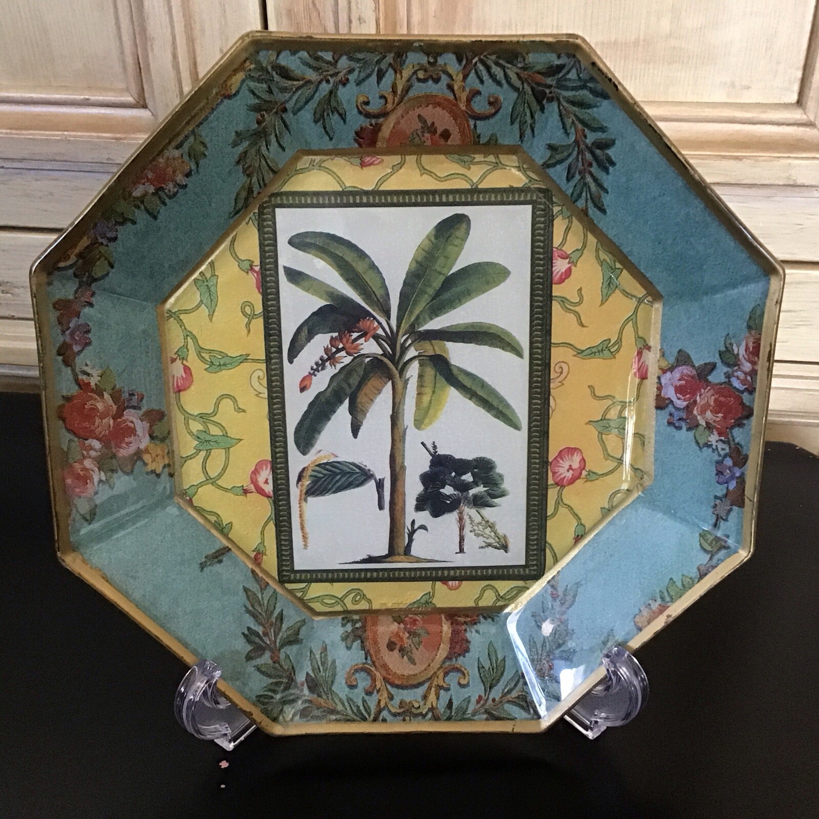 (3) French Decoupage Glass Octagonal Decorative Plates Tropical Floral ...