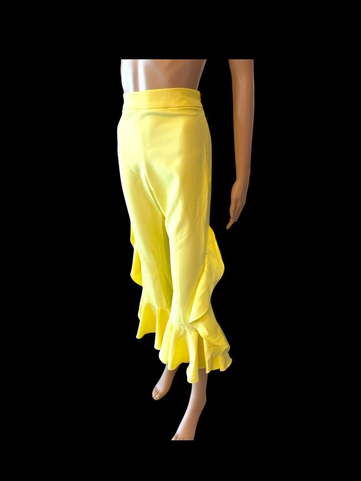 Bold Yellow Flared Ruffle High Waist Stretch Capri Crop Pants H25 | eBay