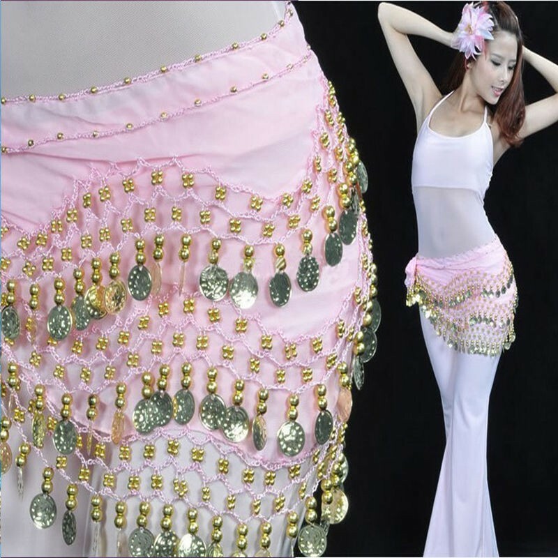 3 Rows 128 Gold Coins Belly Dance Costume Hip Scarf Skirt Belt Wrap ...