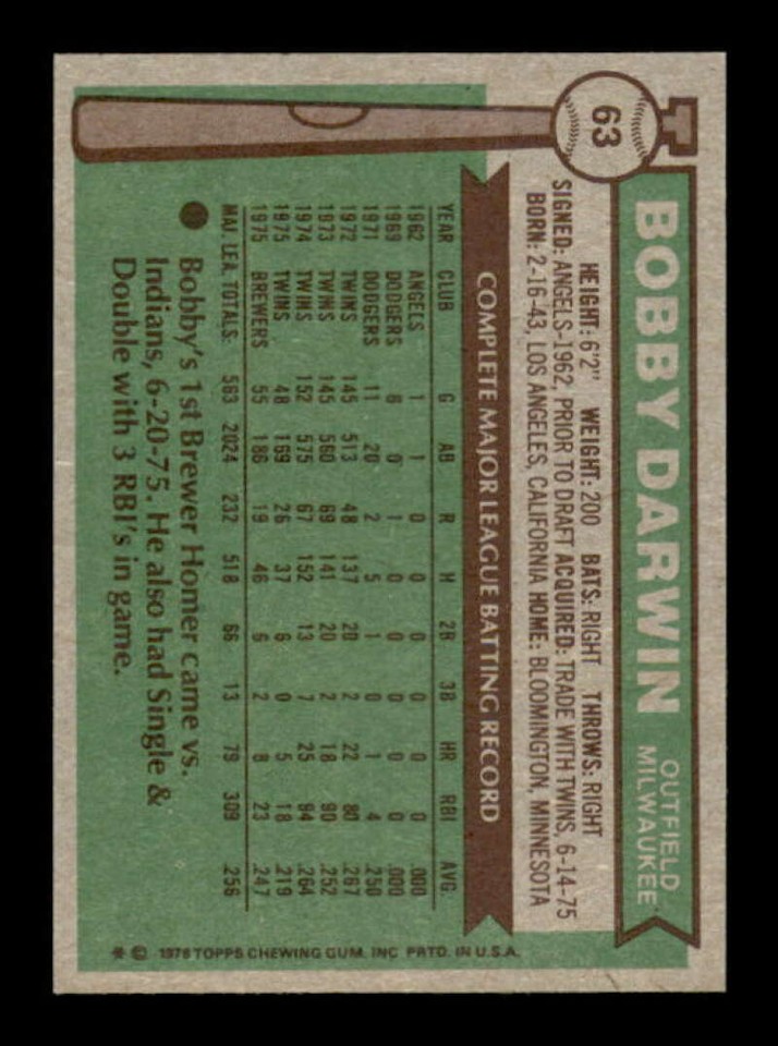 1976 Topps #63 Bobby Darwin EX-EXMT+ Brewers SET BREAK 551405 | eBay