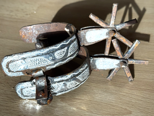 Antique Mexican Charro Iron Spurs with Silver Inlay Etched Cowboy Spur ...