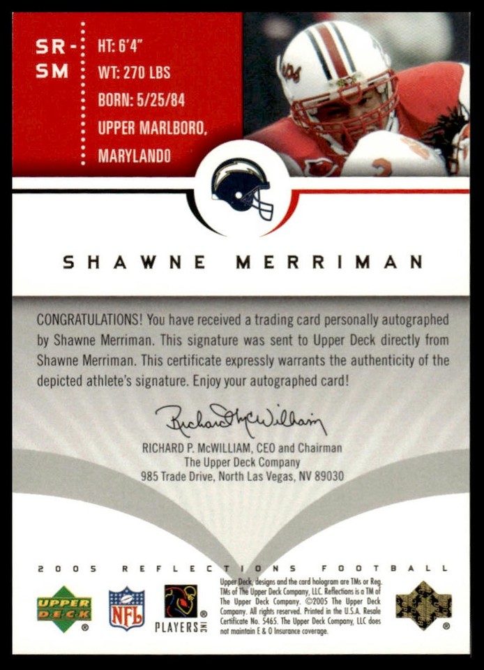 2005 Upper Deck Reflections #SR-SM Shawne Merriman Signature ...