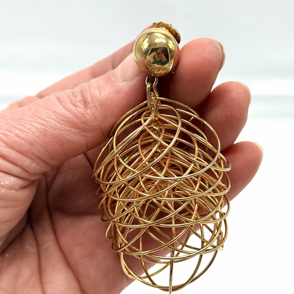 Napier Vintage Wire Cage Ball Dangle Clip-On Earrings Gold Tone Acorn ...