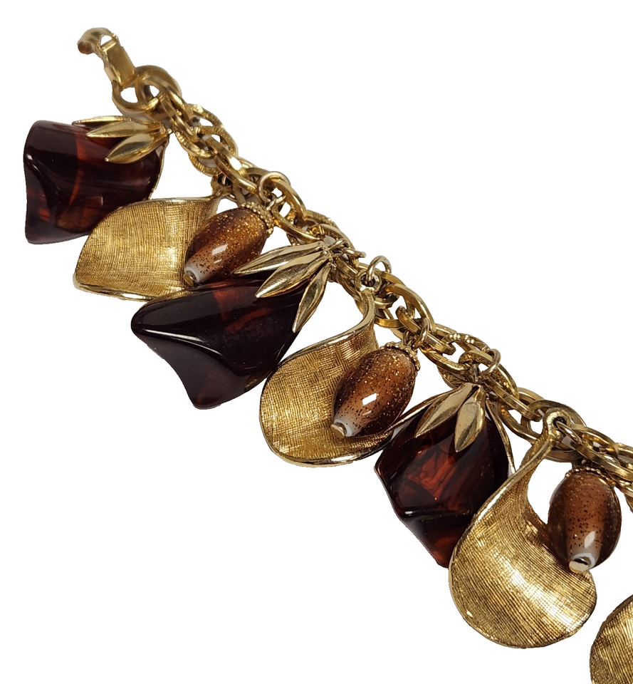 Vintage 1960's Gold Tone Brown Lucite Art Glass & Pod Rope Chain Charm ...