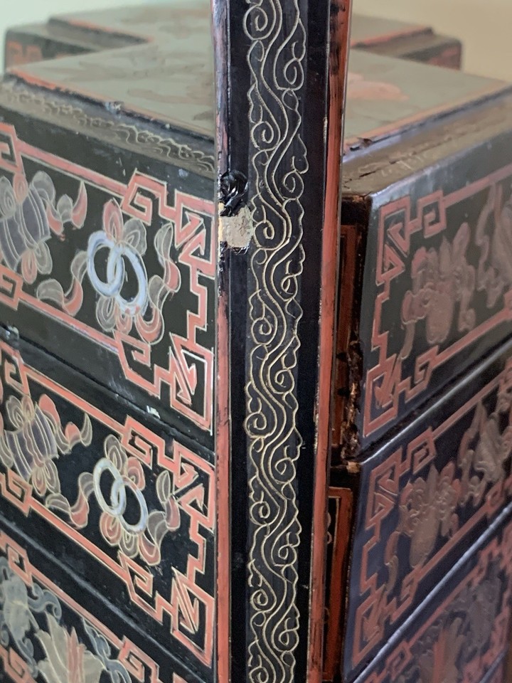 Antique Vintage Chinese Black Red Lacquered Stacking Wedding Dowry Box ...