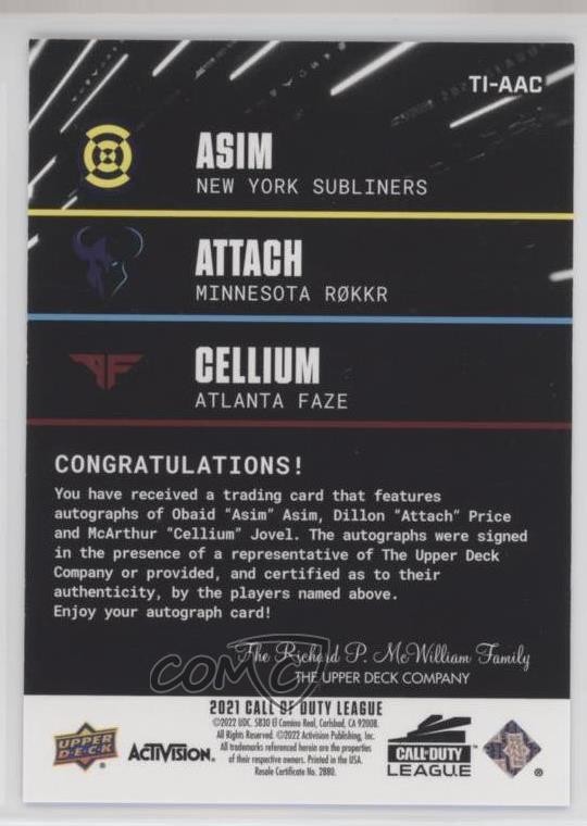 2021 Upper Deck Call of Duty League Trio Ink Asim Attach Cellium #TI ...