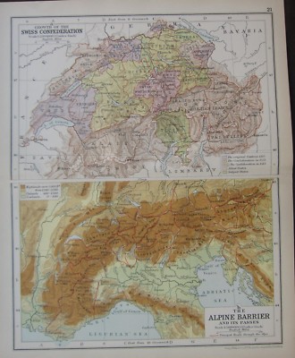 1911 MAP ~ SWISS CONFEDERATION SWITZERLAND ~ ALPINE BARRIER ALPS BERNE ...