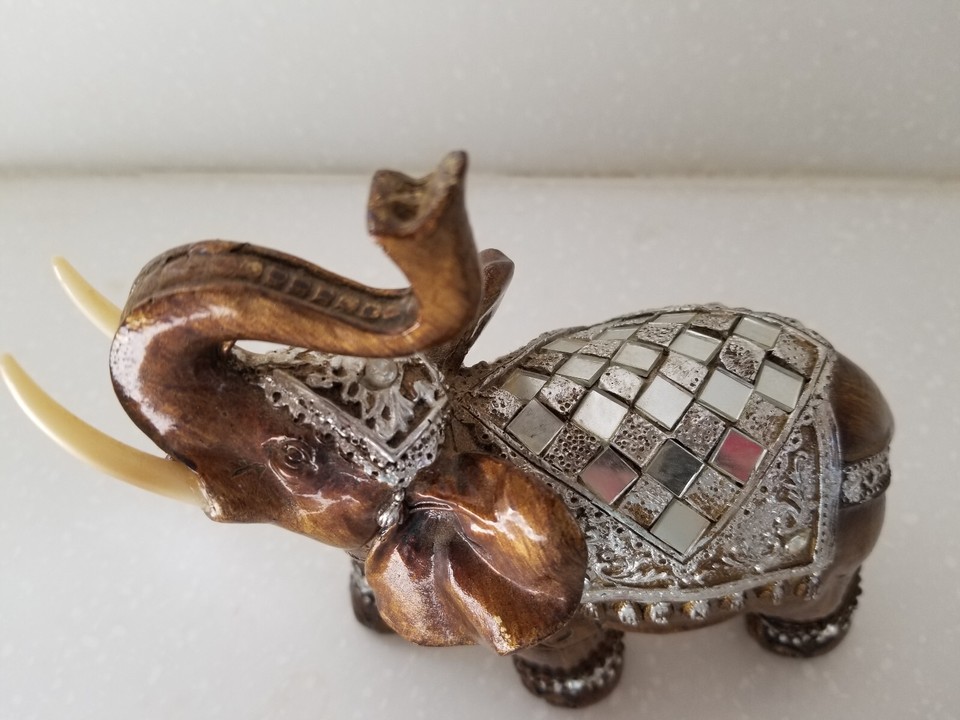 Elephant Trunk Up Resin Figurine with Decorative Ornate Blanket & Trim ...