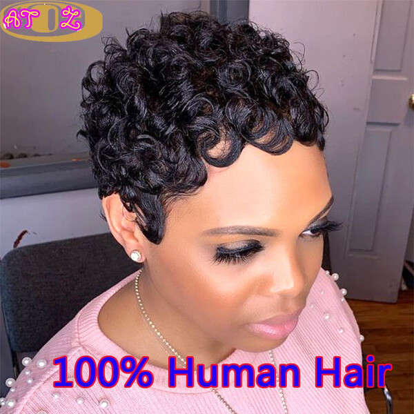 Cute Black Pixie Cut Wigs Soft Human Hair Wigs Wave Pixie Cut Wigs for ...