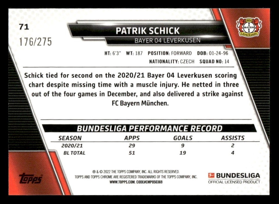 2021-22 Topps Chrome Bundesliga Patrik Schick Aqua Bubble Ref. #71 Card ...