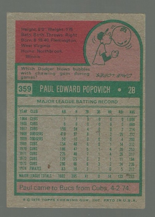 1975 TOPPS MINI BASEBALL #359 PAUL POPOVICH EX/MT+ PITTSBURGH PIRATES ...