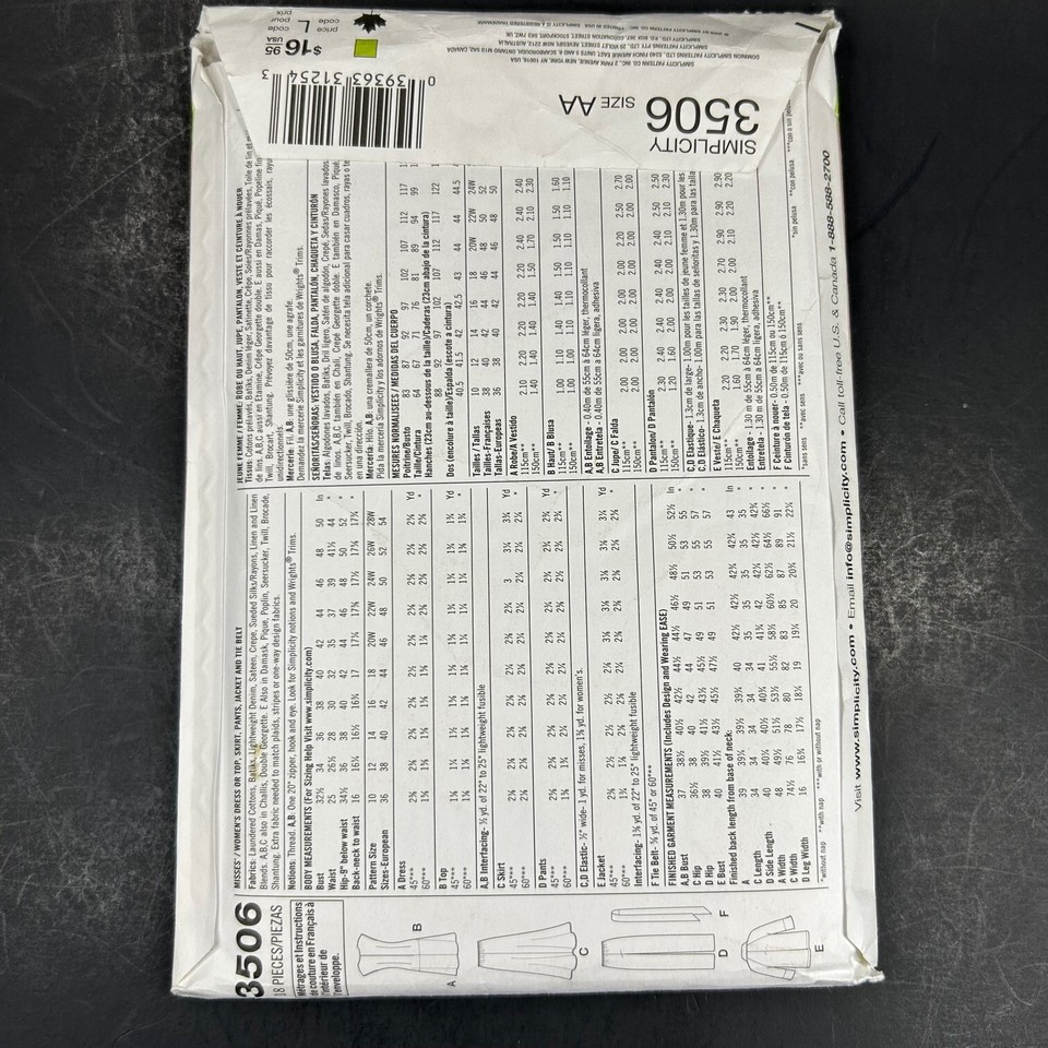 Simplicity 3506 Misses Dress Top Skirt Pants Jacket Belt Uncut Size 10 ...