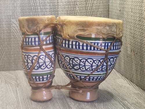 Vintage African Moroccan Leather Twin Drum Musical Instrument Pottery ...