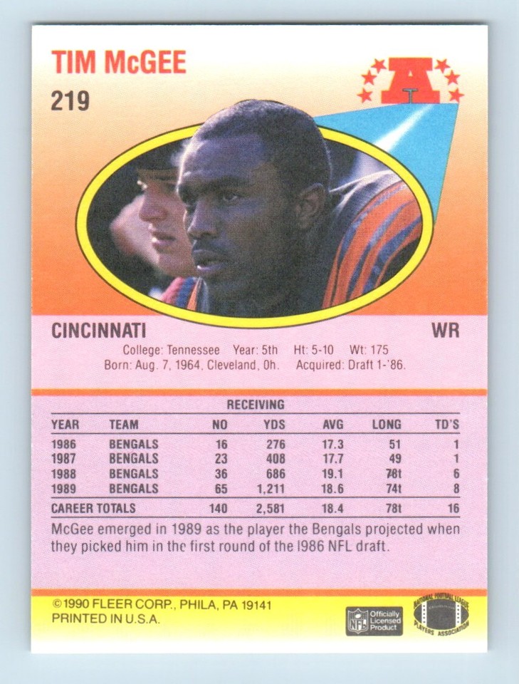 1990 Fleer Tim McGee Cincinnati Bengals #219 | eBay