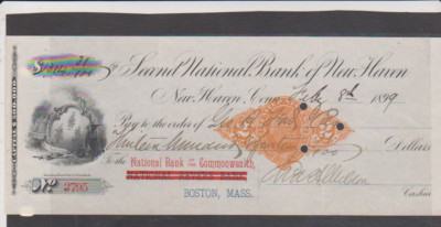 Scott # RNX7 Used The Second National Bank of New Haven Conn.1899 Check ...