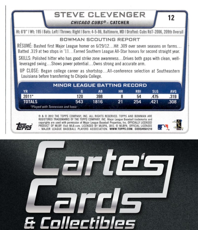Steve Clevenger 2012 Bowman Draft Picks #12 Cubs TTM/IP Signed ...