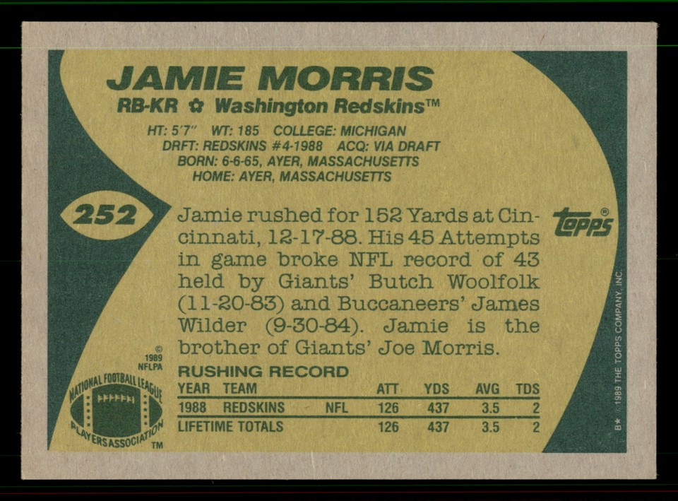 1989 Topps Jamie Morris #252 SR, RC Washington Redskins | eBay