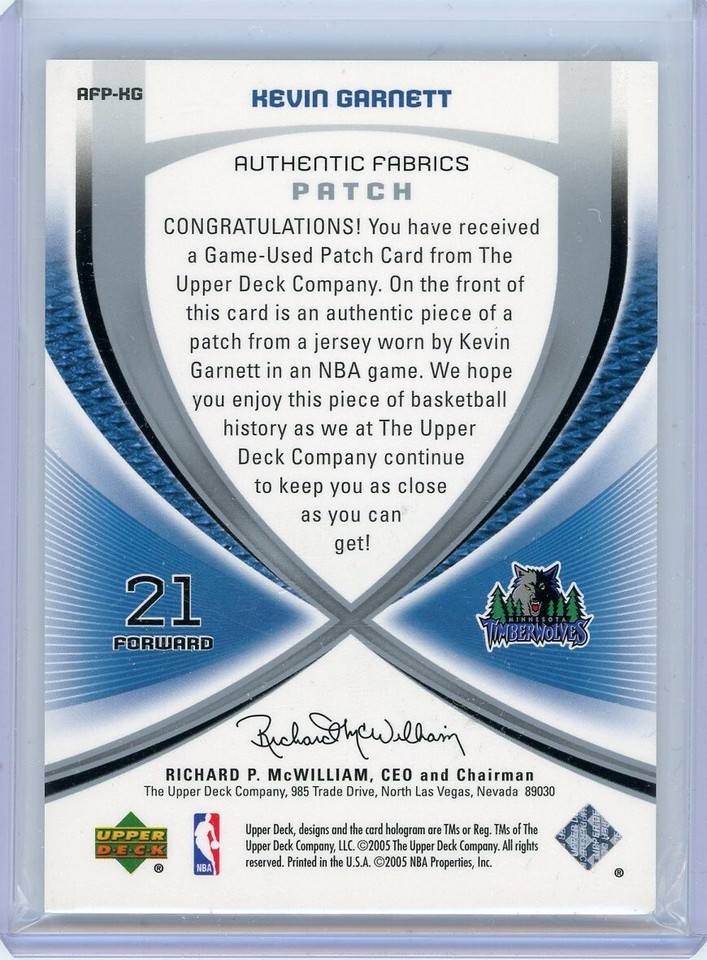 2005-06 Upper Deck SP Game Used Patch #AFP-KG Kevin Garnett No 32 of 75 ...
