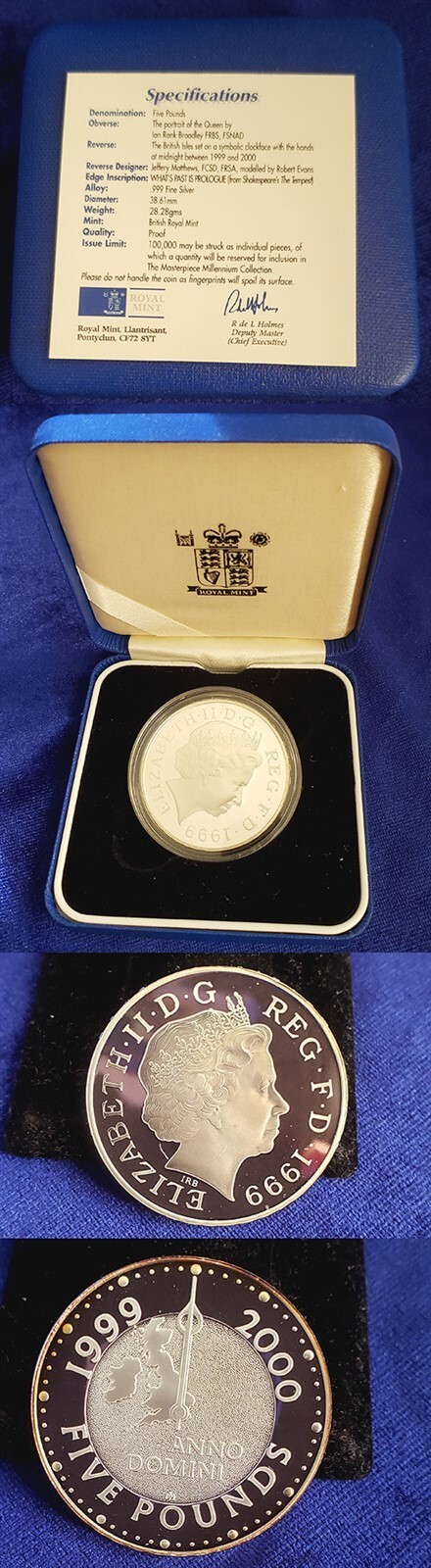 UNITED KINGDOM 5 POUNDS Y2K 2000 Coin 2000 28.28 gr 999 Silver Box COA ...