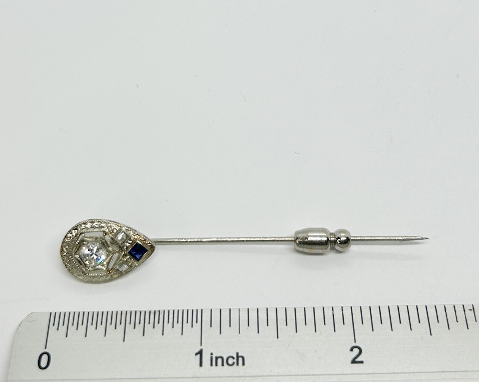 Antique Art Deco Diamond & Sapphire Stick Pin 14k White Gold Filigree ...