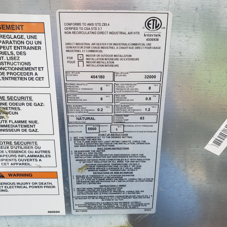 GREENHECK DG-115-H20-DB Direct Gas Fired Make Up Air Unit 5500 SCFM ...