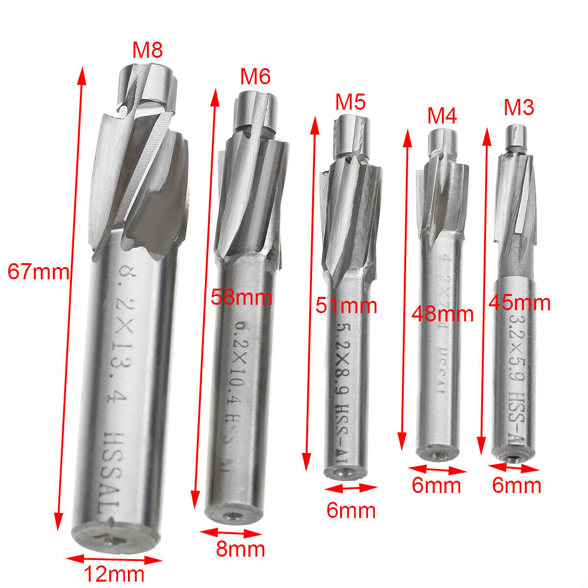 5PCS M3-M8 HSS Counterbore End Mill 4Flute Pilot Slotting Tool for ...