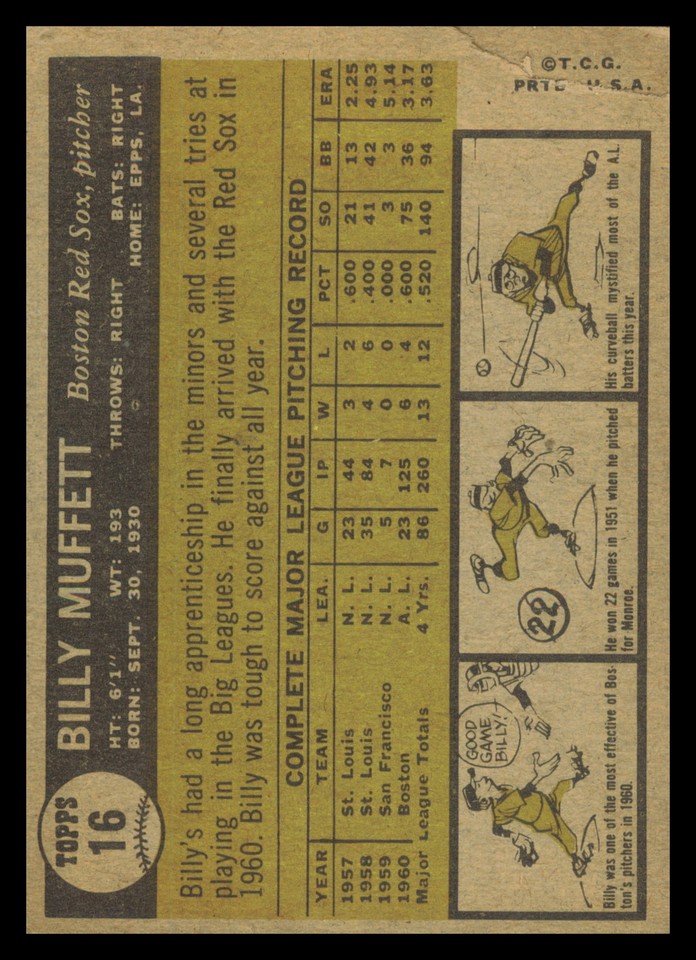 1961 Topps #16 Billy Muffett Boston Red Sox | eBay
