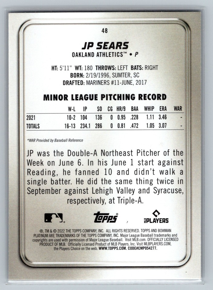 2022 Bowman Platinum #48 JP Sears Rookie RC | eBay