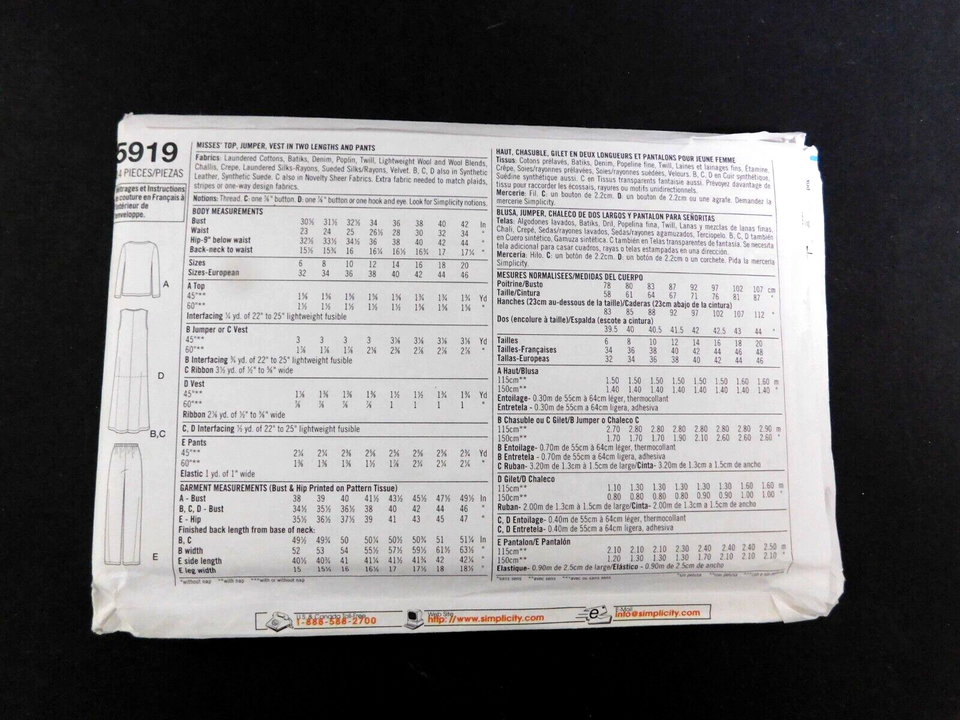 Simplicity 2002 Pattern #5919 Size RR (14-20) VTG Ladies Sportswear NEW ...
